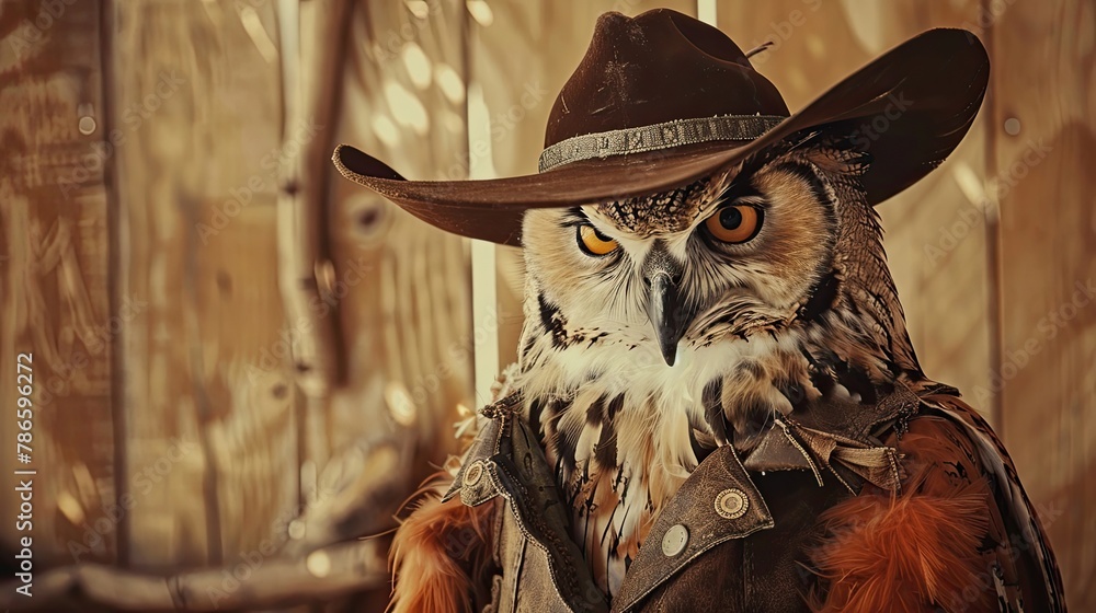 Owl in a cowboy costume, wild west theme, western aesthetics, feathered ...