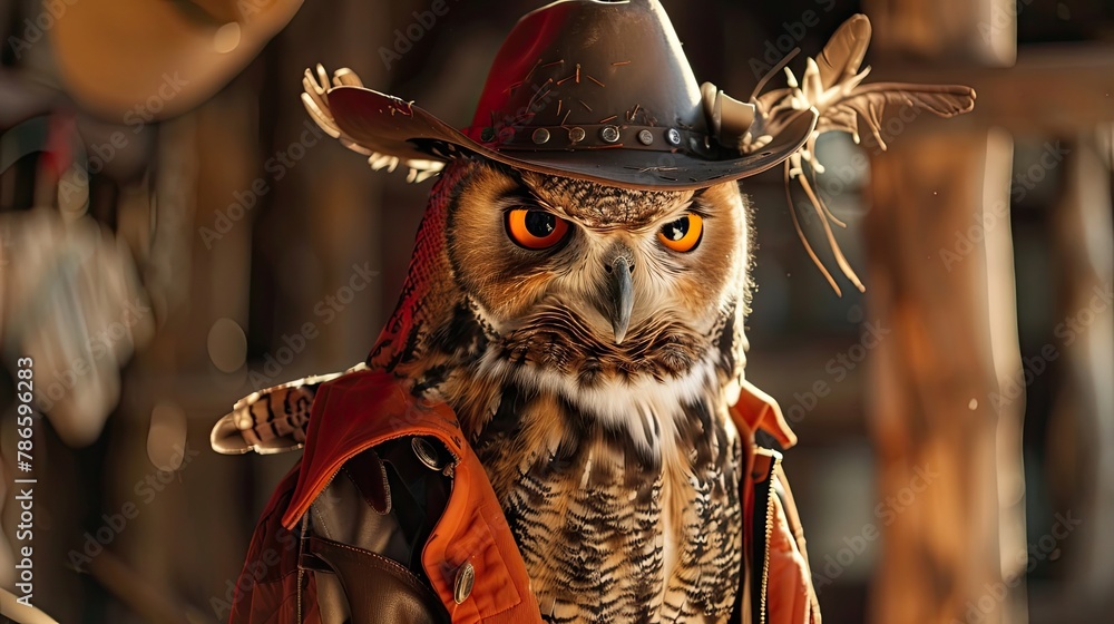 Owl in a cowboy costume, wild west theme, western aesthetics, feathered ...
