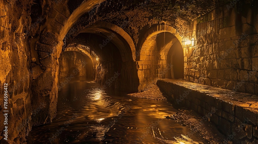 Mysterious underground river flowing through depths of old castle ...
