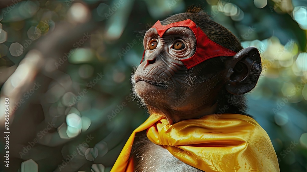 Monkey, chimpanzee in a superhero costume, cloak, glasses, wild animal ...