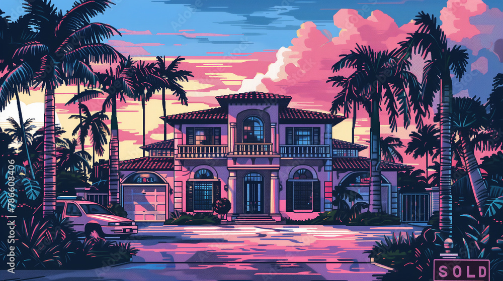 8bit Pixel Art Luxe Miami Cityscape with SOLD Mansion Stock Photo ...