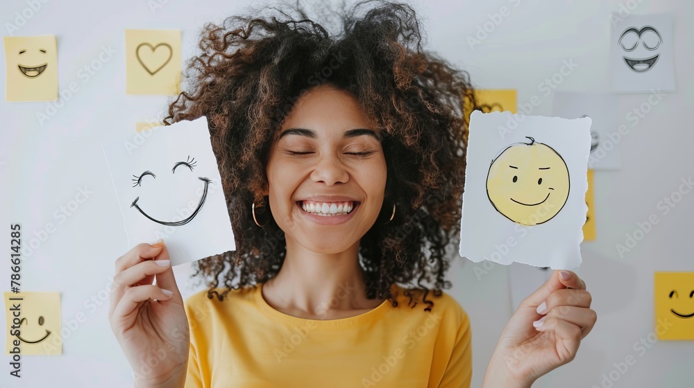 Emotional intelligence concept. Black skin female holding happy and ...