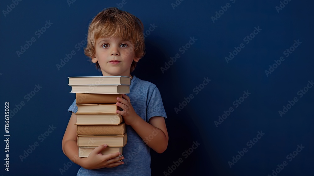 a 4-year-old boy proudly holds a stack of heavy books in his hands ...