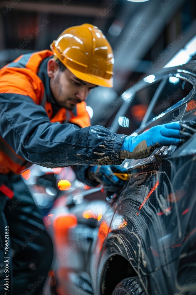 Car service employees in uniform apply film to the car using a car ...