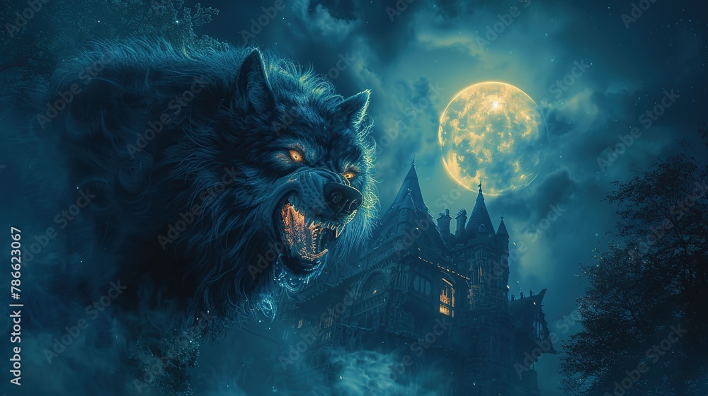 A terrifying wolf under the full moonlight that illuminates a dark and ...