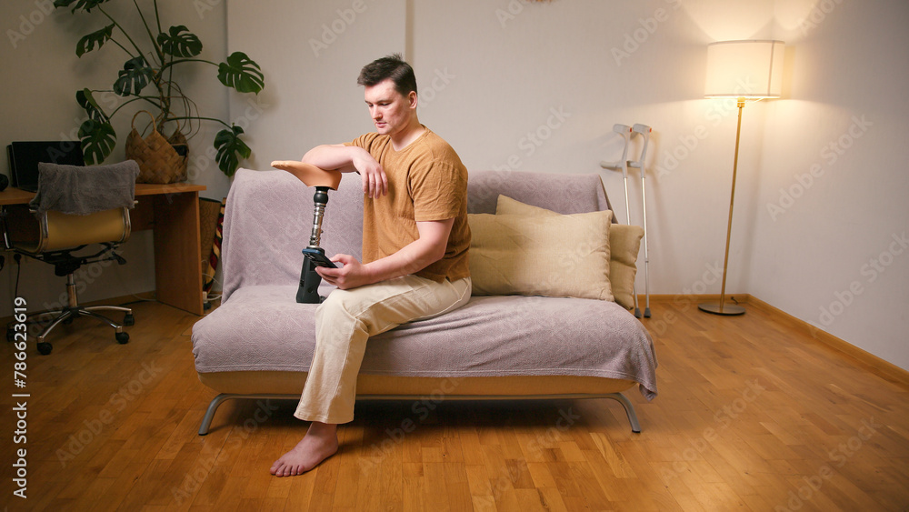 Man amputee with prosthetic leg disability on above knee transfemoral ...