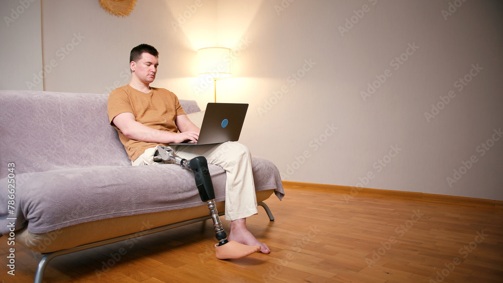Man amputee with prosthetic leg disability on above knee transfemoral ...