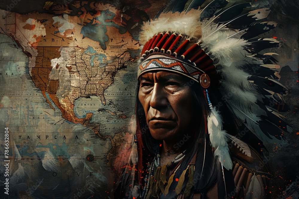 A digital painting of an Indian chief, with feathers and headband ...