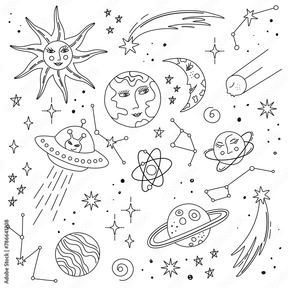 Cute doodle retro Space set. Cosmic bundle with the Sun, planet Earth ...