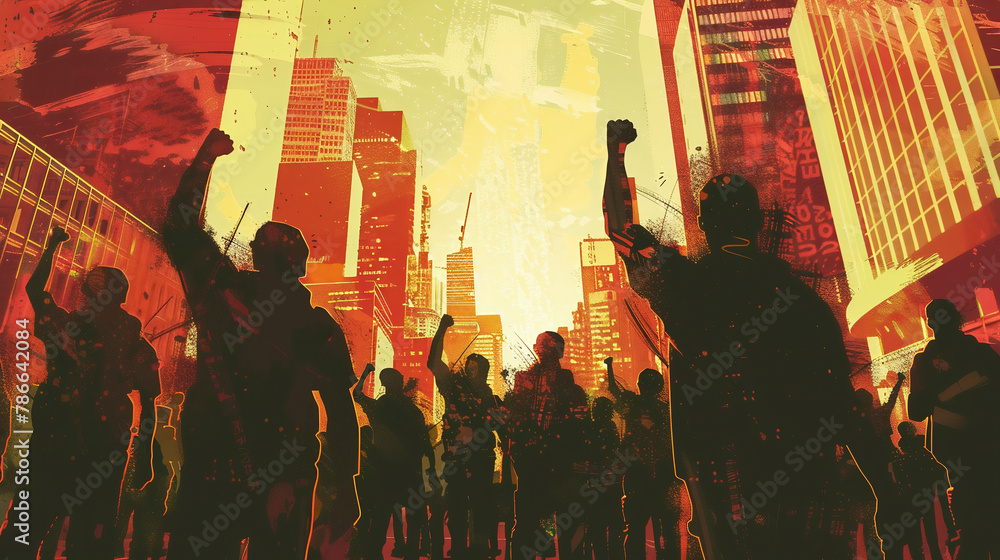 artwork depicting protestors marching together with raised fists ...