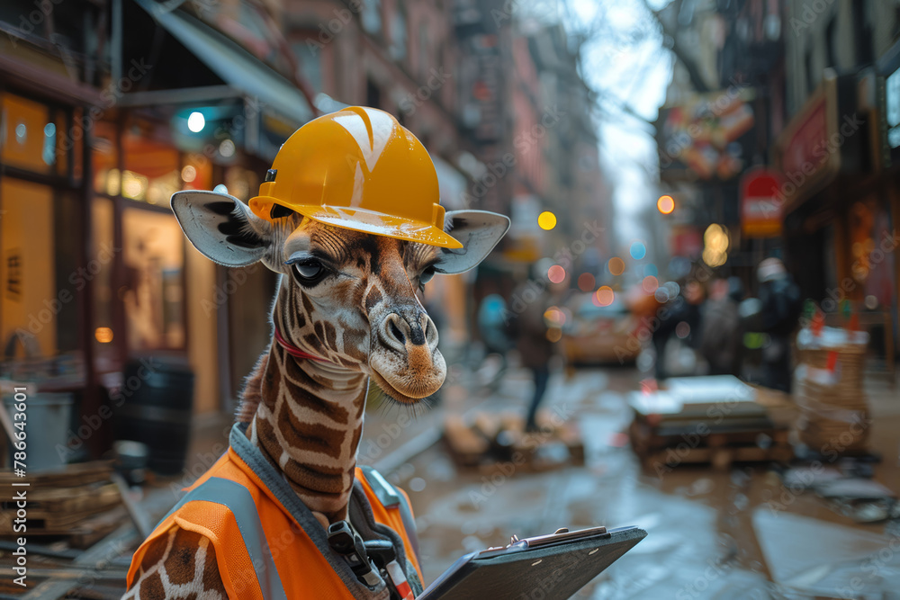 A giraffe wearing a hard hat and safety vest, inspecting construction ...