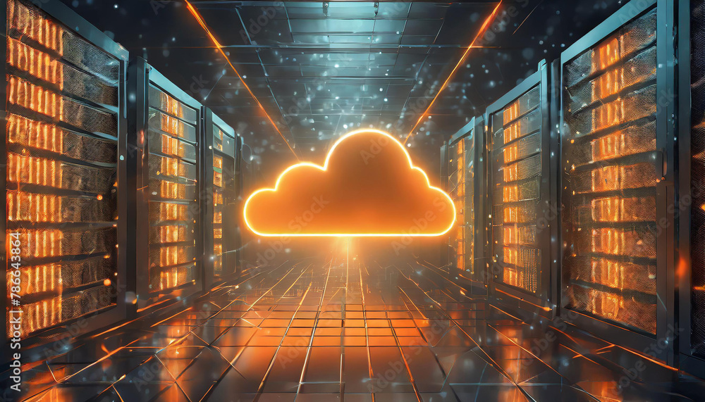 render of a cloud server room with a glowing orange cloud icon on a ...