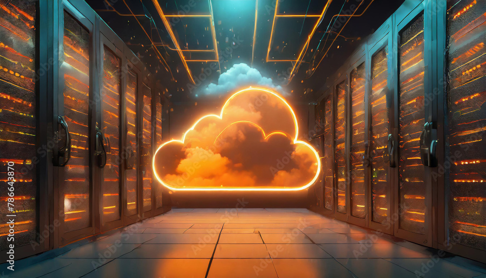 render of a cloud server room with a glowing orange cloud icon on a ...