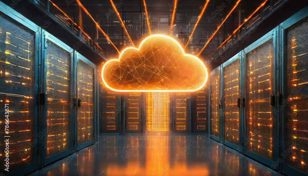 render of a cloud server room with a glowing orange cloud icon on a ...