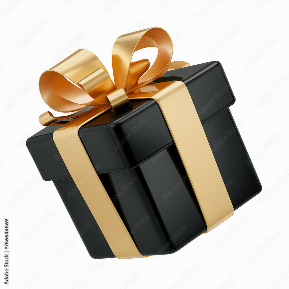 A black gift box with a golden ribbon and bow. The ribbon is tied in a ...