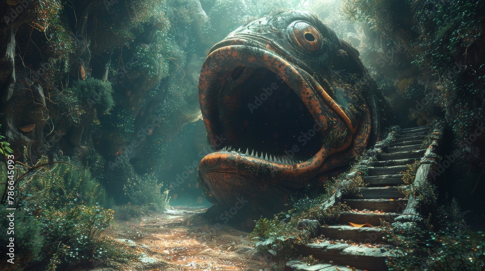 Mystical staircase leading into the open mouth of a giant stone fish in ...