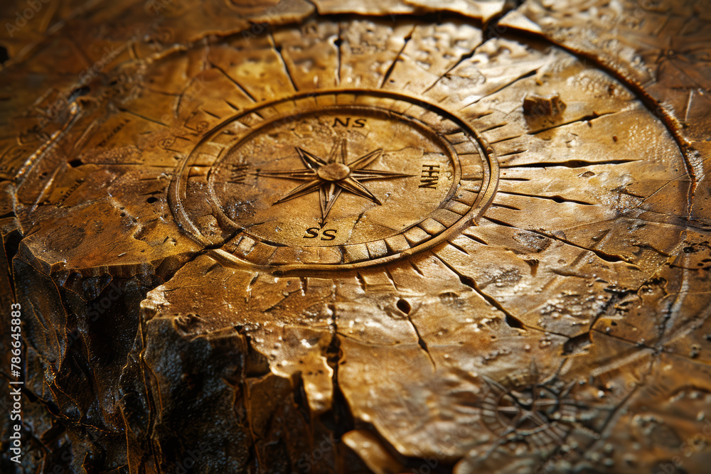 A compass rose etched into the surface of an ancient map, guiding ...