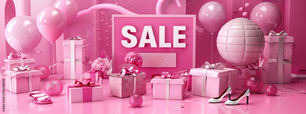 Huge text SALE pink background with shopping bags and high heels, . The ...