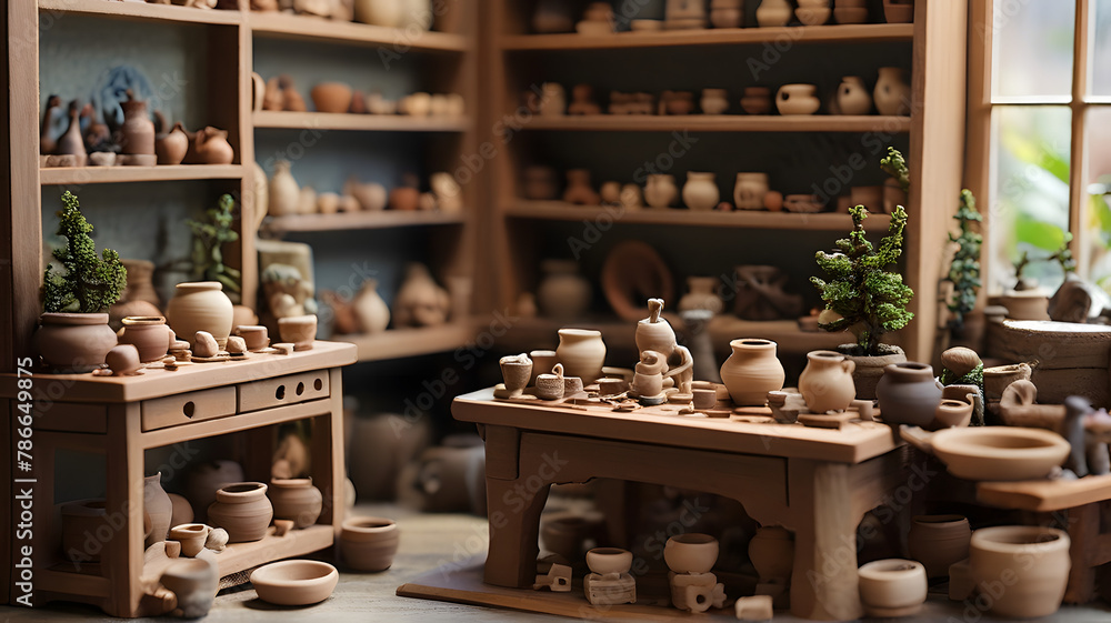 A miniature pottery studio with tiny potters, wheels, and clay ...