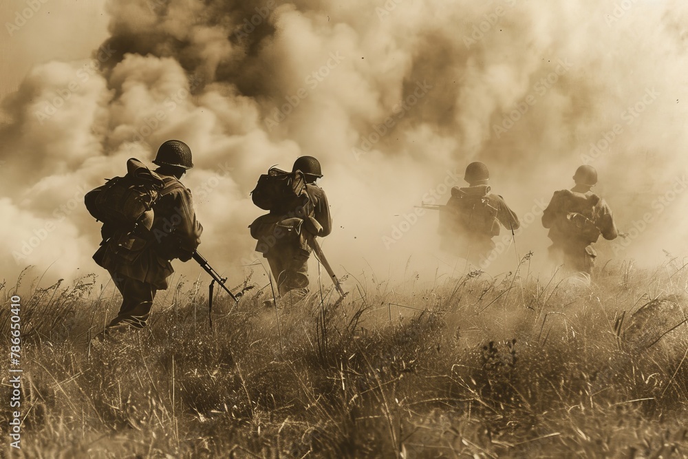 World War II, soldiers charging on the battlefield, sepia tones ...