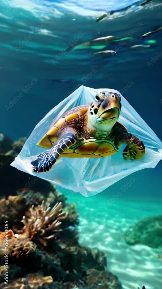 Sea turtle encountering a plastic bag in the ocean. Marine life ...