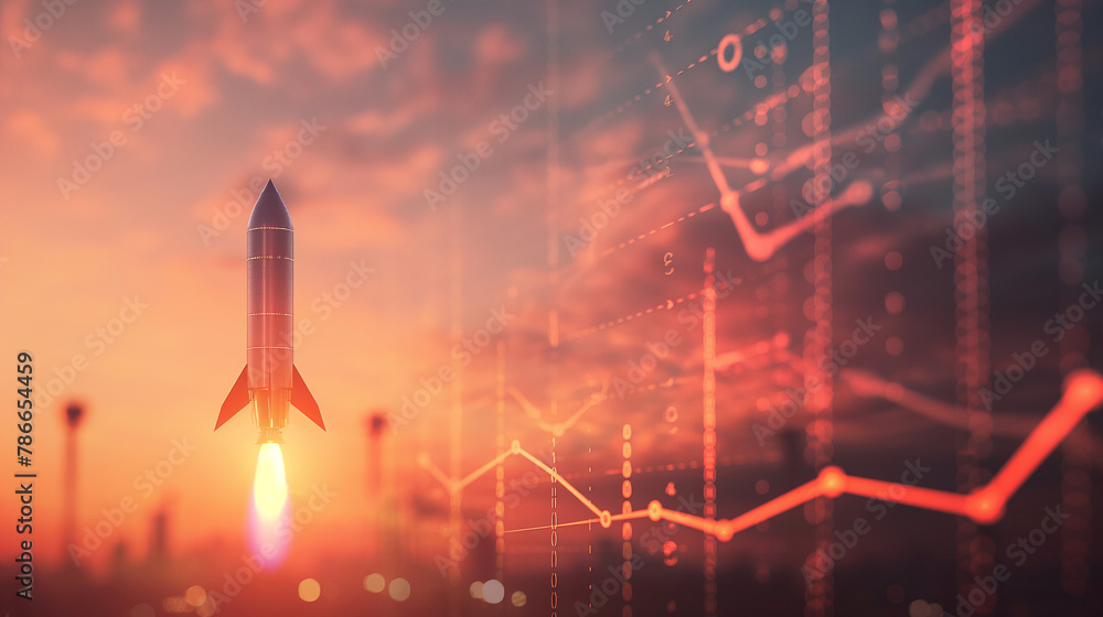 Image of a rocket rising into the sky at dawn, seamlessly integrated ...