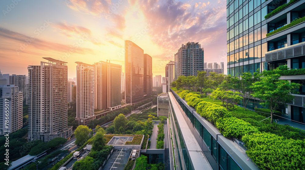 Rooftop gardens on high-rise office buildings overlook a street level ...