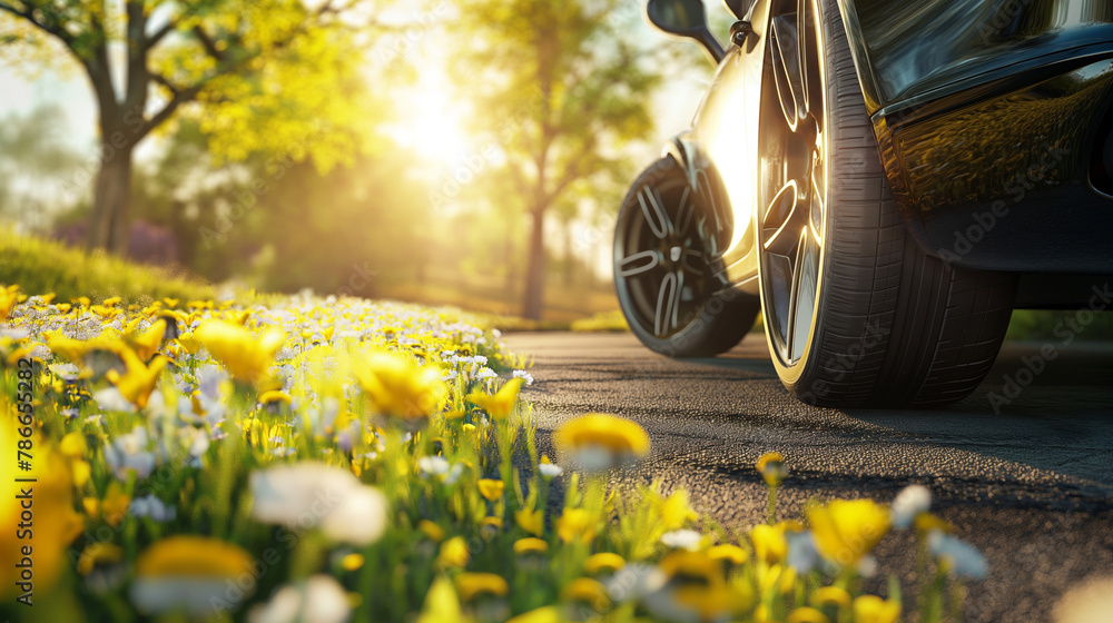 A luxury car surrounded by spring wildflowers on an open road, the ...