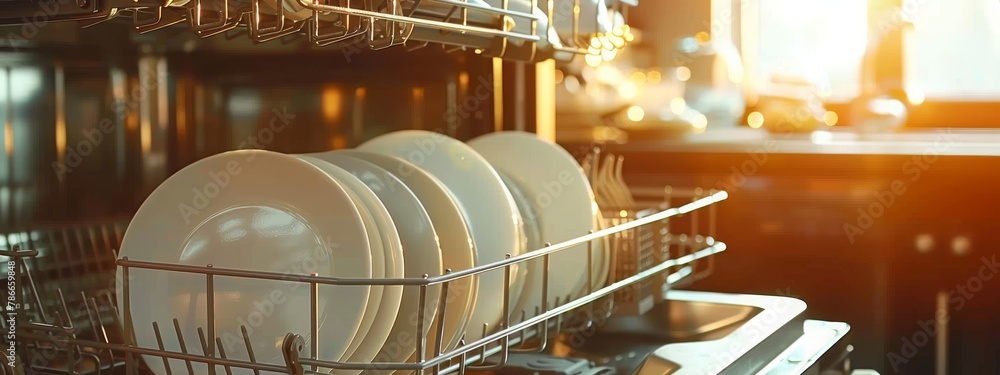 Close-up of human hand puts or insert dirty plate to the basket of an ...