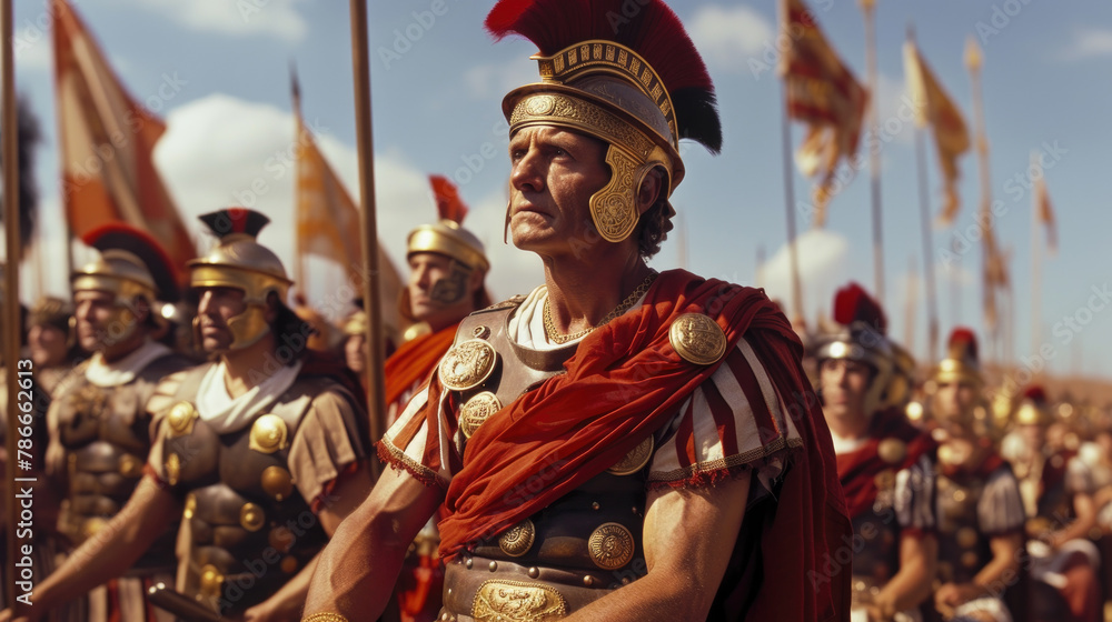 Ancient Roman warlord like Julius Caesar on army background, soldiers ...