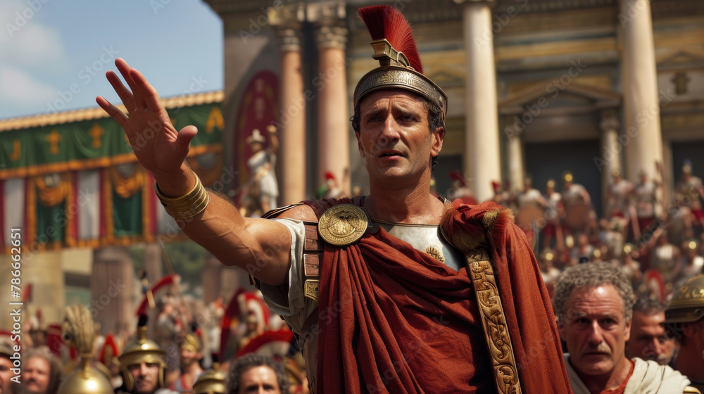 Ancient Roman warlord like Julius Caesar on army background, soldiers and general in Rome city ...