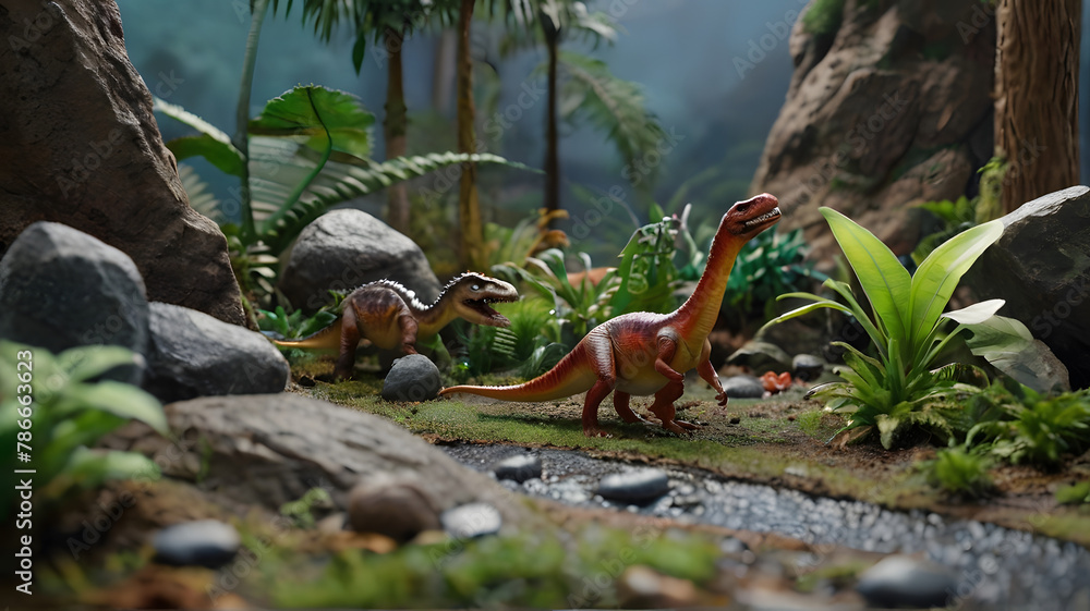 Miniature dinosaurs roam among tiny trees and rocks, recreating a ...