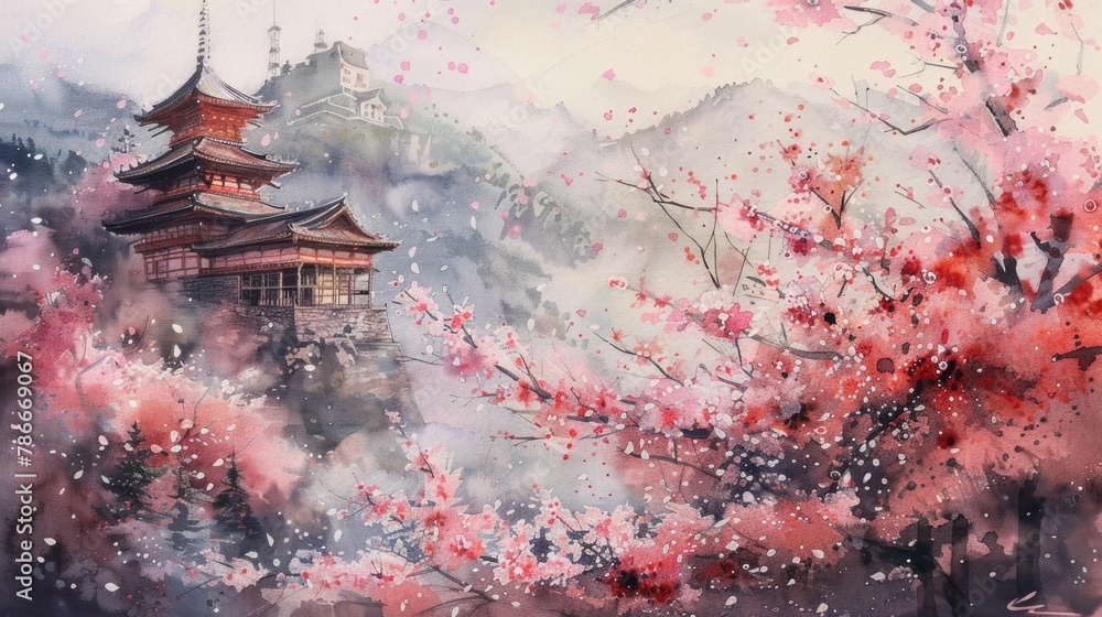 Japanese Watercolor painting featuring cherry blossoms and temple in ...