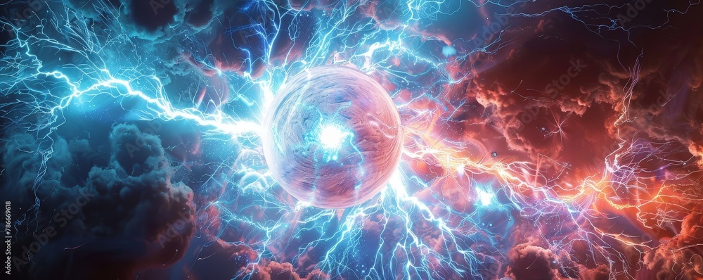 A powerful energy sphere emits blue and orange lightning bolts amidst ...