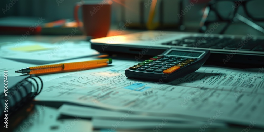 Office desk setup with calculator and keyboard Stock Photo | Adobe Stock