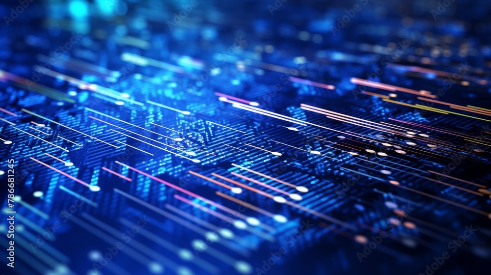 Complex circuit board illuminated with blue light, showcasing intricate ...