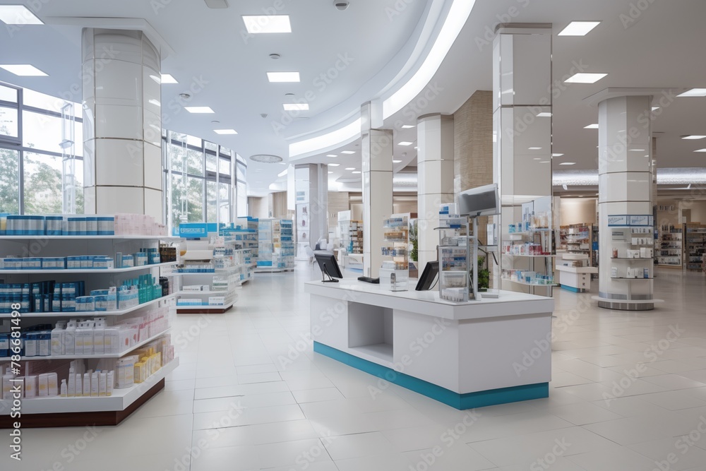 Pharmacy interior design. Medicine on shelves in Pharmacy , background ...