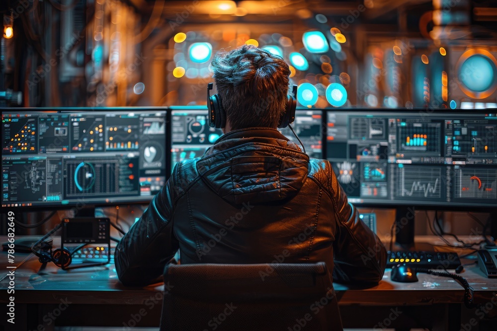 Rear view technical controller at workstation with multiple displays ...