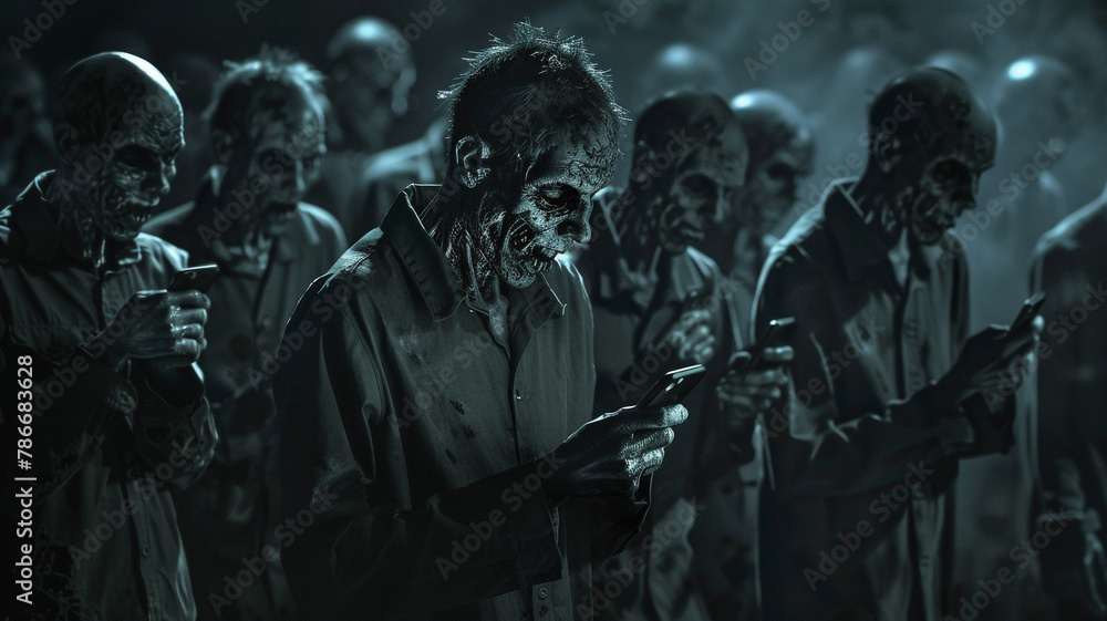 Zombies roam a destroyed city street, debris everywhere. Buildings are ...