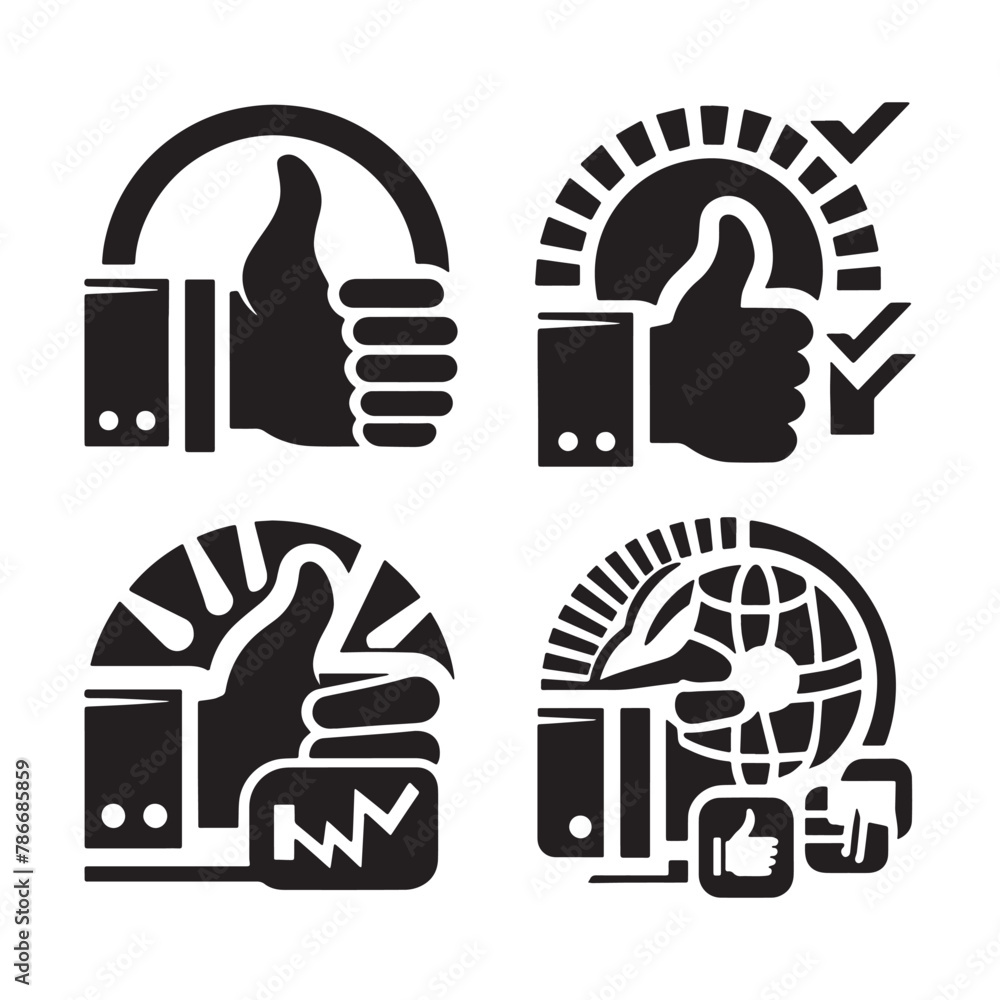 Retro Vintage Styled Vector Thumbs Up Icon Set Outline and Silhouettes ...