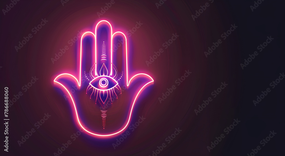 Neon Hamsa symbol on a purple background. Jewish symbol of positive ...