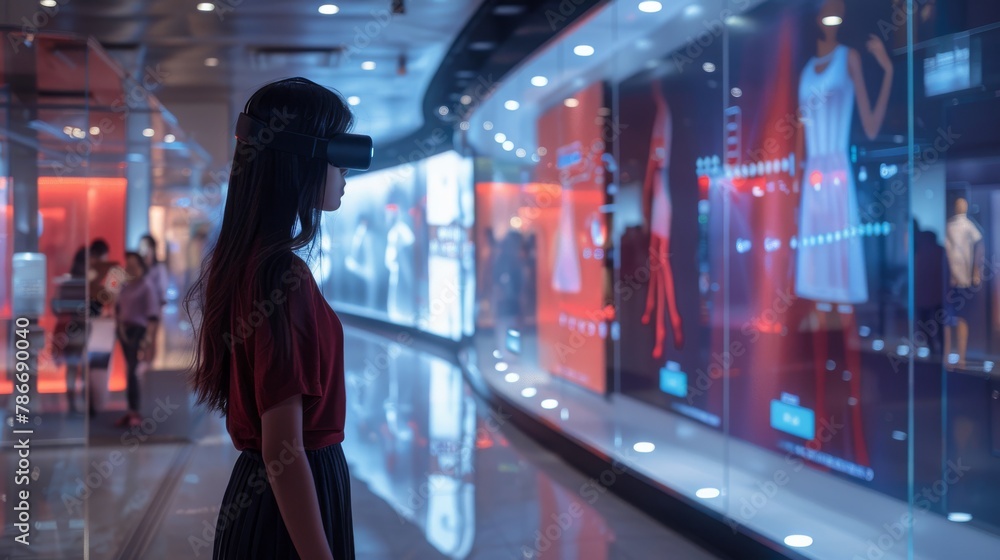 In a futuristic mall, customers enjoy augmented reality shopping with ...