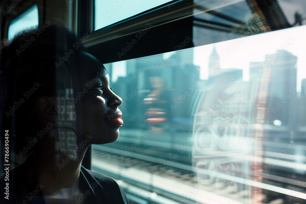 Young woman reflecting while looking out the train window. Generative ...