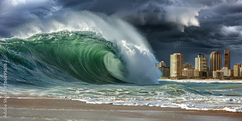 Massive Tidal Wave Towering Over an Urban Skyline, Depicting the Raw ...