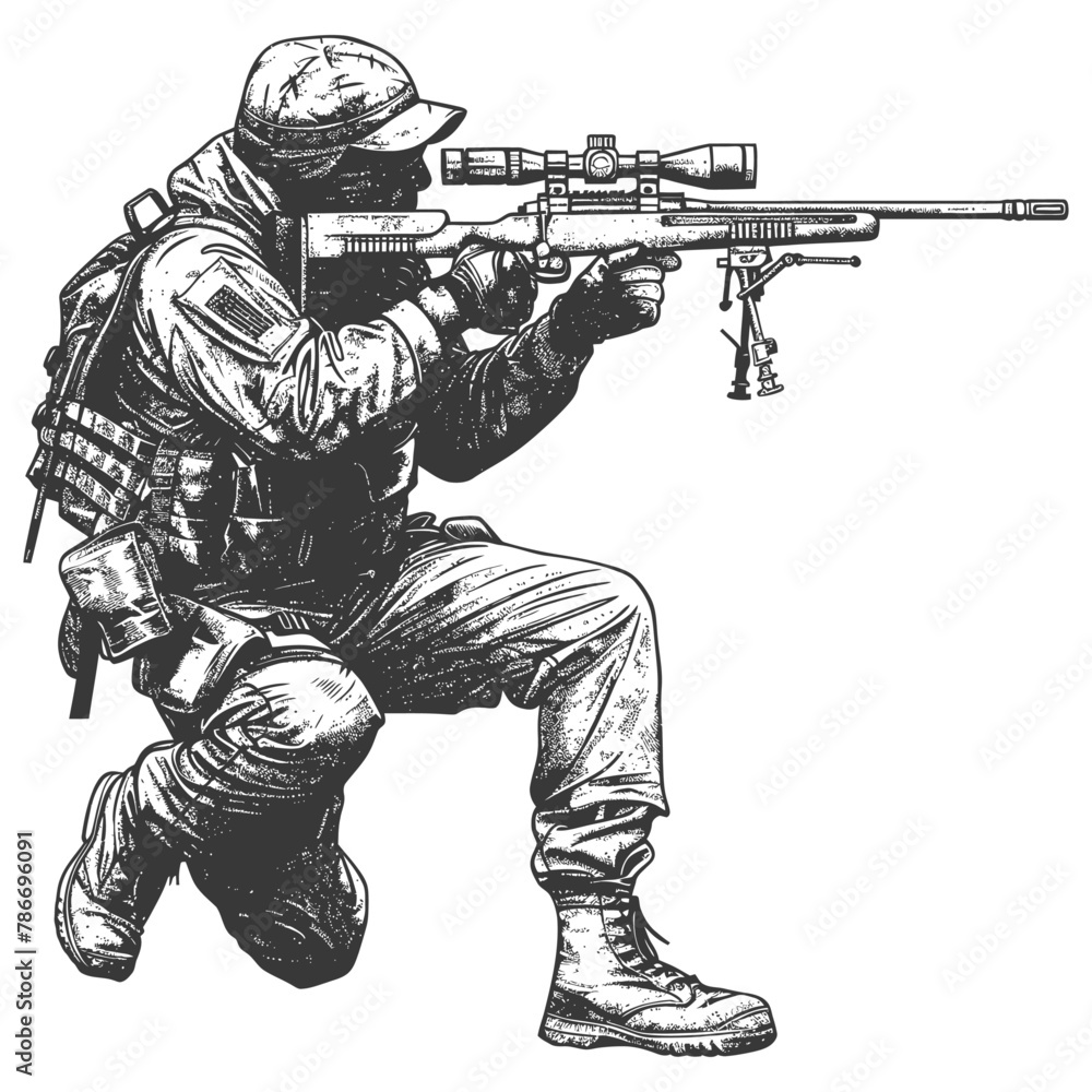sniper army soldier in action full body image using Old engraving style ...