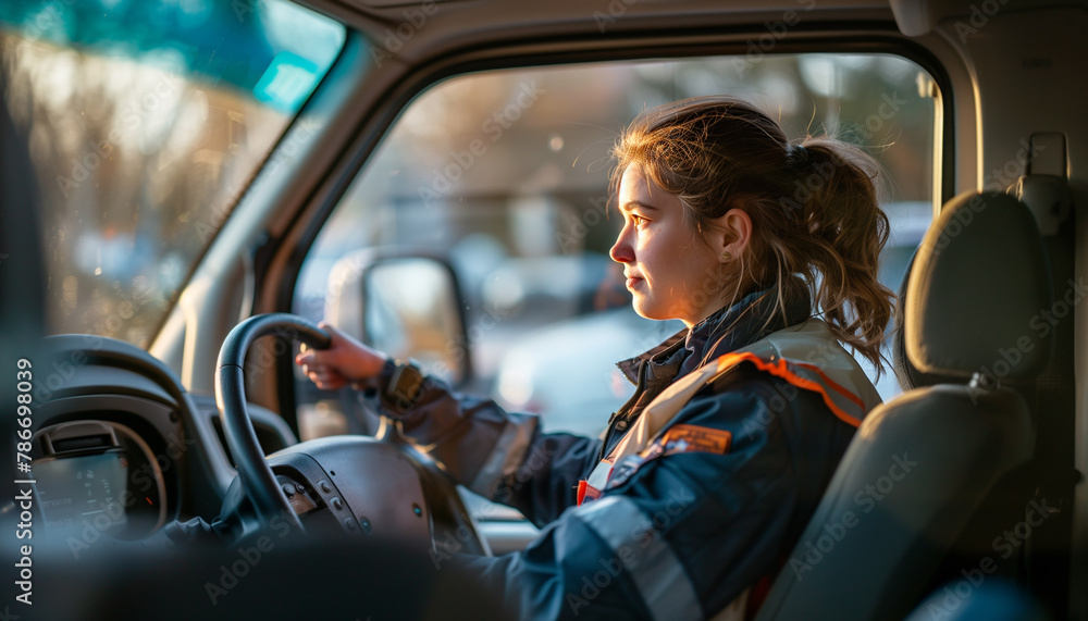 confident female RHD bus driver behind wheel of bus, exuding ...