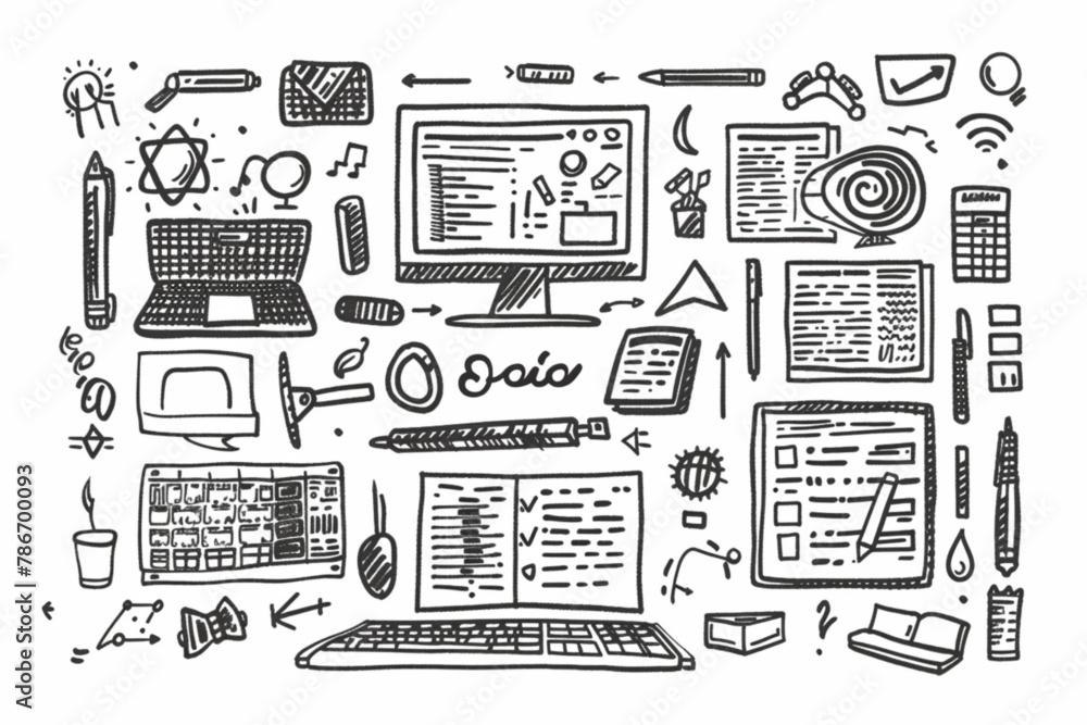 Software code icon doodle set. Hand drawn line sketch software coding ...