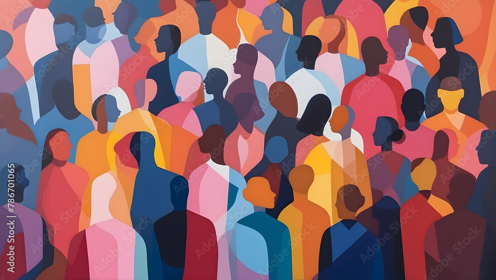 A painting of a diverse crowd of people. Diversity, equity, inclusion ...