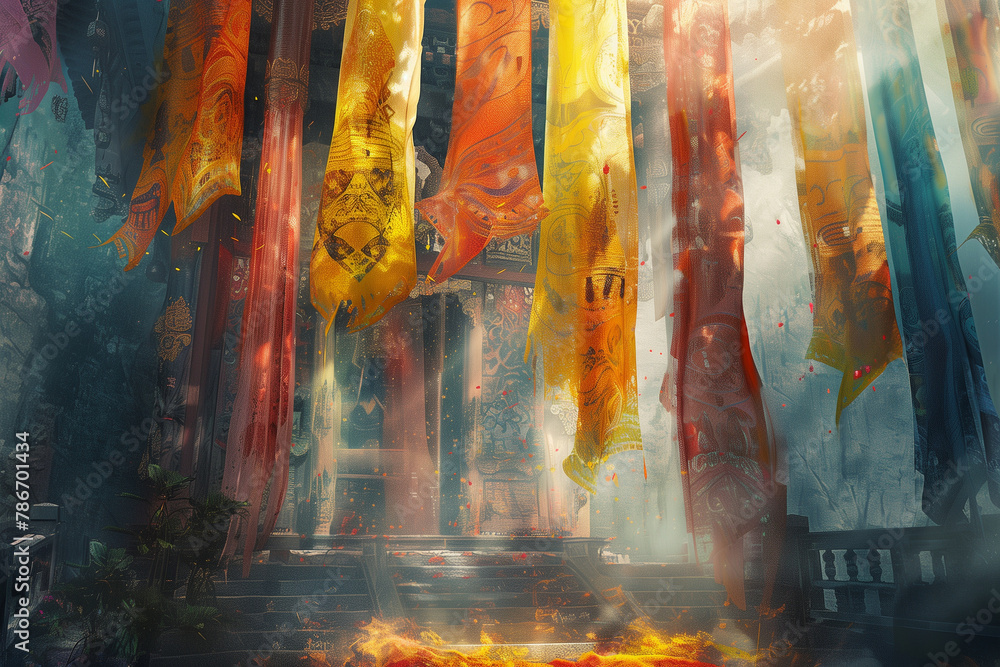 enchanting portrayal of spiritual attributes like prayer flags or ...