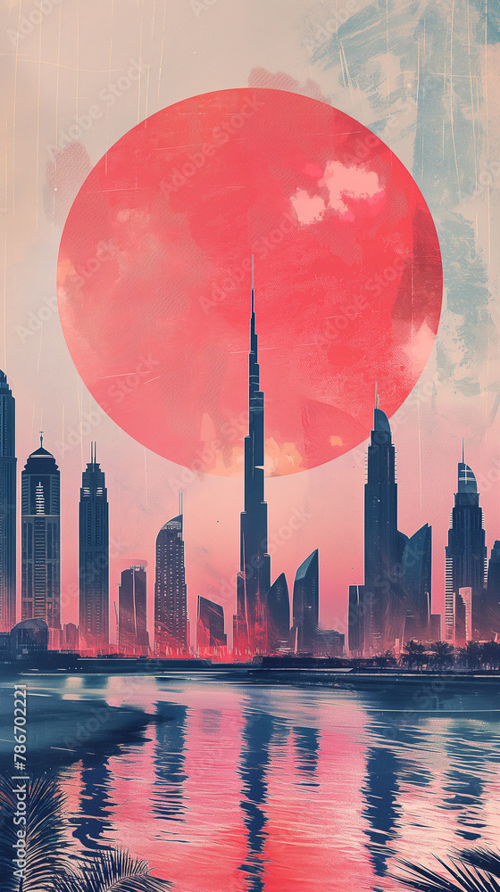 Dubai city skyline, vector collage style illustration painting, Burj ...